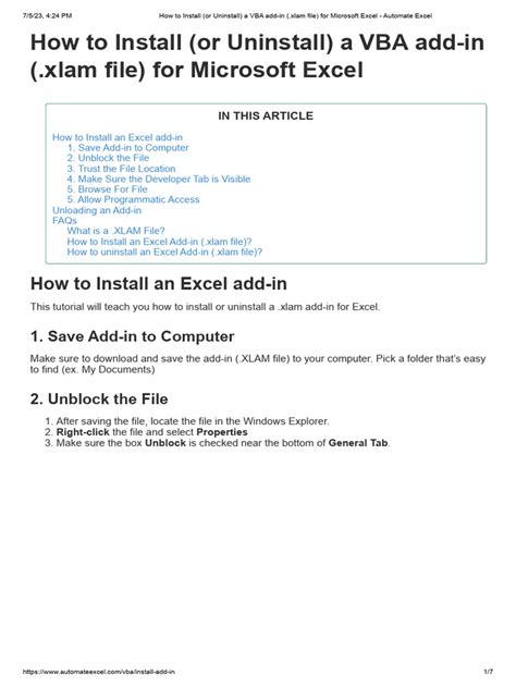 How To Install Or Uninstall A Vba Add In Xlam File For Microsoft