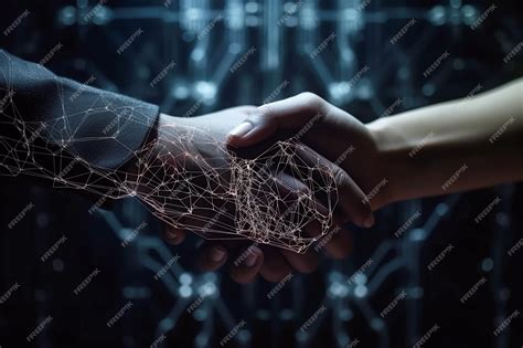 Premium Photo Handshake Of Human Man And Neural Networks With Artificial Intelligence Concept