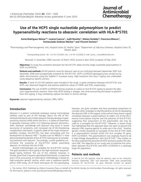 Pdf Use Of The Hcp5 Single Nucleotide Polymorphism To Predict Hypersensitivity Reactions To
