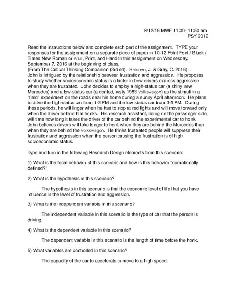 HW 2 Homework Assignment 9 12 16 MWF 11 00 11 50 Am PSY 2012 Read The Instructions Below