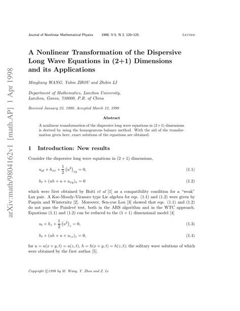 Pdf A Nonlinear Transformation Of The Dispersive Long Wave Equations In 21 Dimensions And