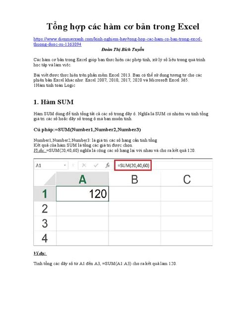 Tổng Hợp Hàm Cơ Bản Trong Excel Pdf