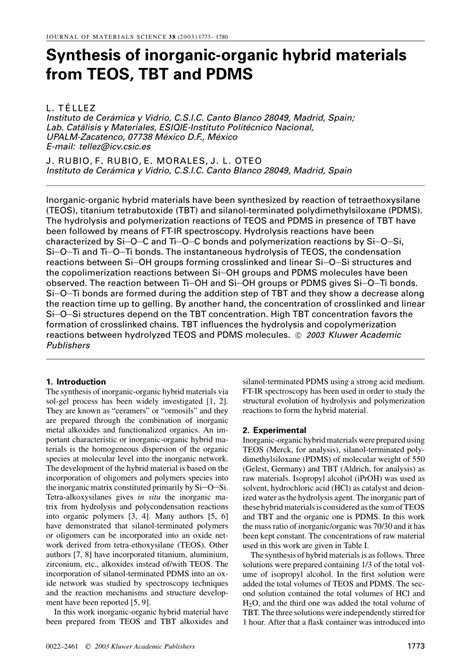 Pdf Synthesis Of Inorganic Organic Hybrid Materials From Teos Tbt And Pdms