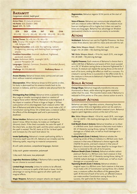 Bahamut Stat Block Based On 5e Tiamat And Info From The Forgotten