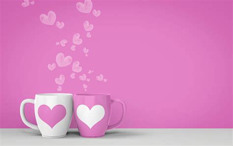 벽에 하트와 분홍색 배경에 커피 컵 커피와 사랑 개념 3d 렌더 0명에 대한 스톡 사진 및 기타 이미지 0명 3차원 형태