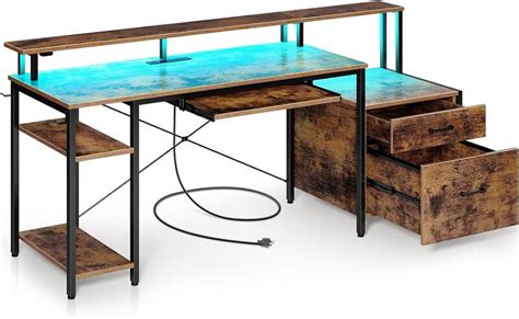 Rolanstar 컴퓨터 책상 파일 서랍 65 인치 Led 조명 및 전원 콘센트 홈 오피스 책상 파일 캐비닛 및 S 사무용 가구