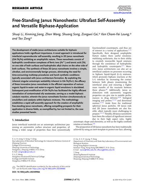 Free‐standing Janus Nanosheets Ultrafast Self‐assembly And Versatile