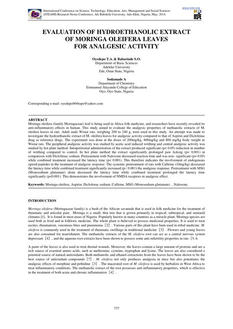 Pdf Evaluation Of Hydroethanolic Extract Of Moringa Oleifera Leaves For Analgesic Activity