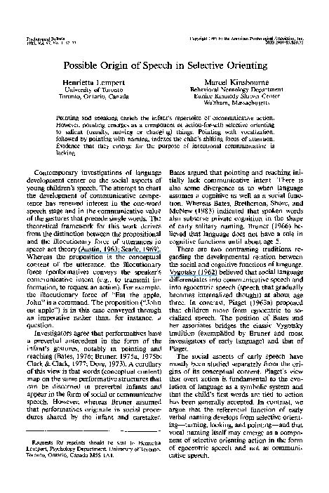 Pdf Possible Origin Of Speech In Selective Orienting Henrietta Lempert And M Kinsbourne