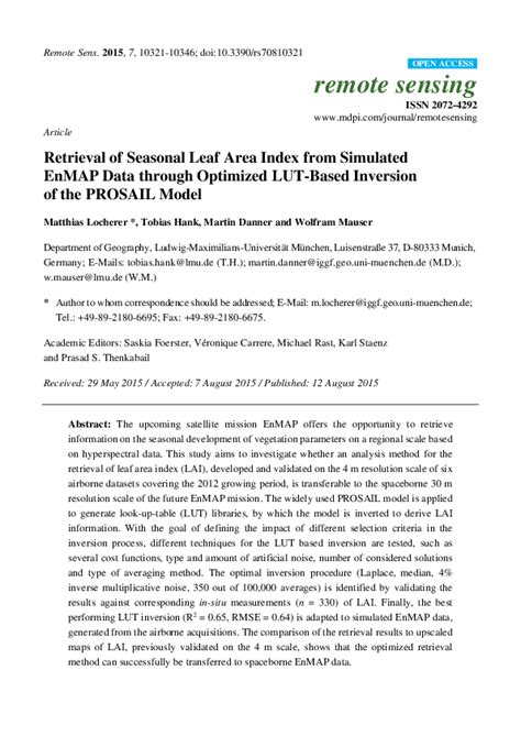 Pdf Retrieval Of Seasonal Leaf Area Index From Simulated Enmap Data
