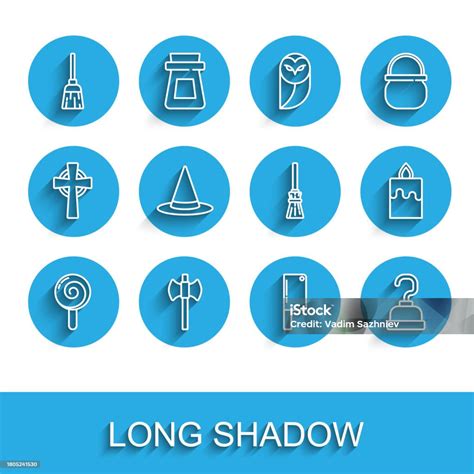 세트 라인 롤리팝 나무 도끼 마녀 빗자루 고기 헬기 해적 갈고리 모자 불타는 촛불 및 아이콘 벡터 가마솥에 대한 스톡 벡터 아트