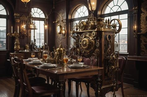 Premium Ai Image Neo Victorian Steampunk Dining Brass Gadgets Vintage