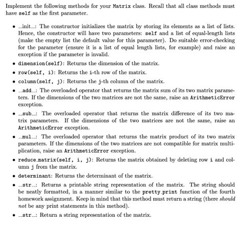 Solved Implement The Following Methods For Your Matrix