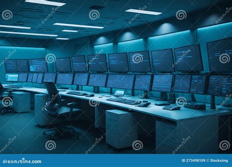 Interior Of A Security System Control Room A Lot Of Monitor Displays On A Desk And Chairs An