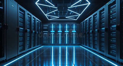 Modern Data Center Server Room With Neon Lights For Cloud Computing And