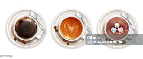 다양한 종류의 커피 탑 뷰 컬렉션 카푸치노 라떼 아메리카노 에스프레소 코코아를 사실적인 컵에 담습니다 벡터 일러스트레이션 그림 그리기에 대한 스톡 벡터 아트 및 기타 이미지