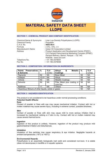 Material Safety Data Sheet Lldpe Indian Oil Corporation Limited