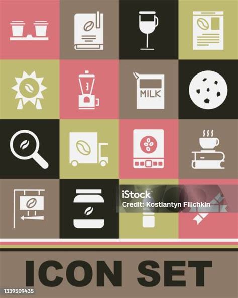 설탕 스틱 패킷 커피 컵과 책 쿠키 또는 비스킷 아일랜드 커피 전기 분쇄기 메달 가서 종이 패키지 우유 아이콘을 설정합니다 벡터 가방에 대한 스톡 벡터 아트 및 기타 이미지