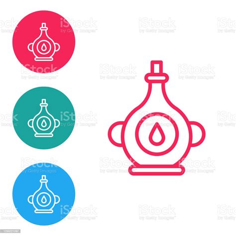 흰색 배경에 격리 된 빨간색 줄 오일 병 아이콘 원 버튼에 아이콘을 설정합니다 벡터 건강 진단에 대한 스톡 벡터 아트 및 기타 이미지 건강 진단 건강관리와 의술