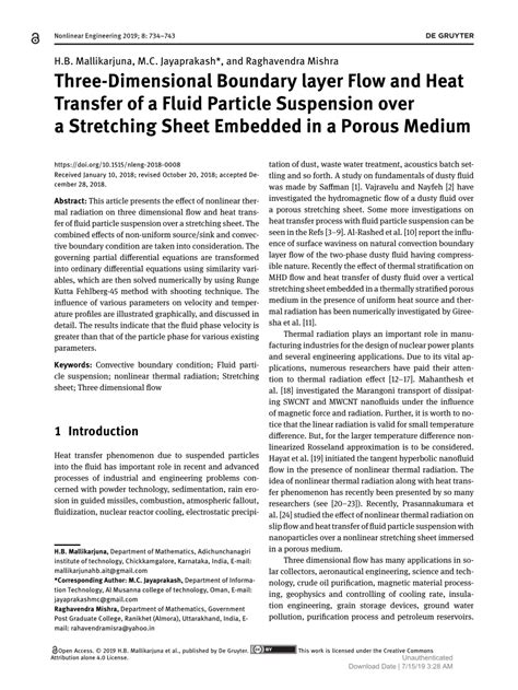 Pdf Three Dimensional Boundary Layer Flow And Heat Transfer Of A
