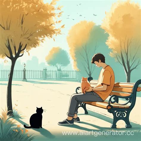 Serene Summer Scene Person Relaxing On Bench With Cat Ai Art Generator