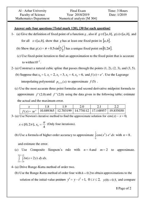 Numerical Analysis Exam Exams Mathematical Methods For Numerical Analysis And Optimization