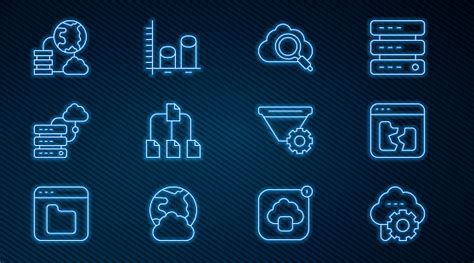 세트 클라우드 기술 데이터 전송 깨진 파일 검색 클라우드 컴퓨팅 폴더 트리 네트워크 연결 필터 설정 및 데이터 분석 아이콘을 설정합니다 벡터 깨짐에 대한 스톡 벡터 아트 및