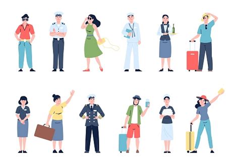 선박 여행 캐릭터 요트 승무원 서비스 직원 및 수하물이있는 여행자 선장과 뱃사공 제복을 입은 선원 해상 최근 벡터 세트 수병에 대한 스톡 벡터 아트 및 기타 이미지 Istock