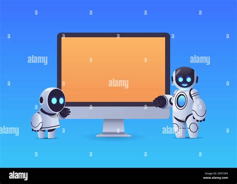 Modern Robots Standing Near Computer Monitor With Blank Screen Robotic Character Artificial