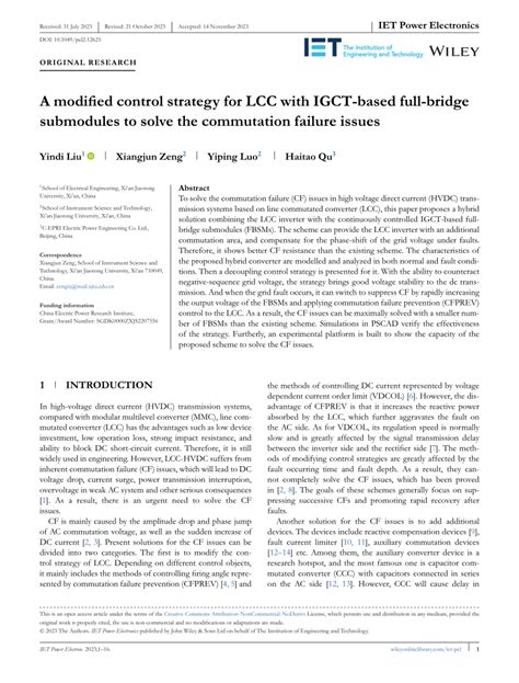 Pdf A Modified Control Strategy For Lcc With Igct‐based Full‐bridge Submodules To Solve The