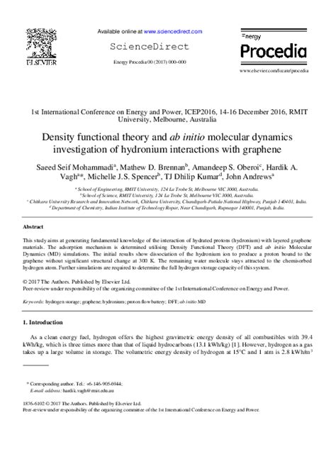 Pdf Density Functional Theory And Ab Initio Molecular Dynamics Investigation Of Hydronium