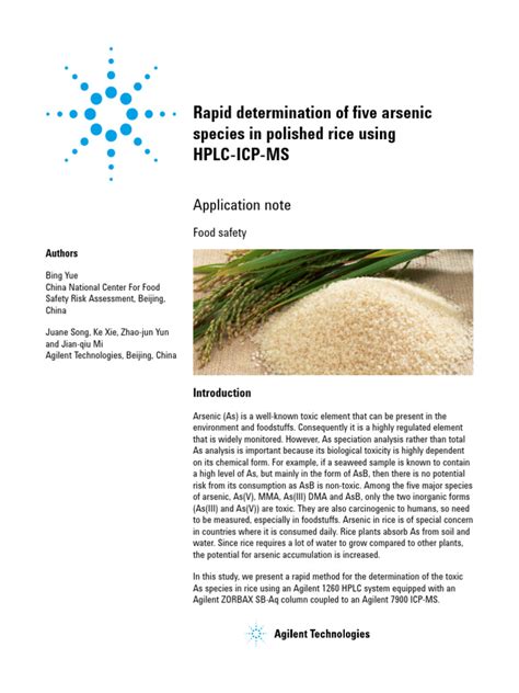 5991 5933en Determination Of Arsenic Species In Rice Using Hplc Icp Ms Pdf Arsenic High