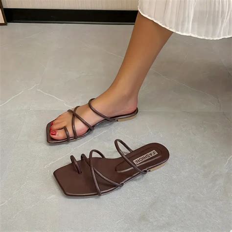 Womens Cross Strap Toe Loop Flat Slippers Solid Color Non Temu United Kingdom