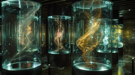 Large Glass Cylinders Filled With Swirling Particles Representing The Quantum State Of Matter
