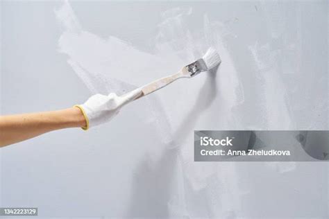 흰색 장갑을 낀 손은 흰 페인트 색상으로 물거품을 잡고 파란색 벽을 페인트합니다 Diy에 대한 스톡 사진 및 기타 이미지 Diy 개선 건설 산업 Istock