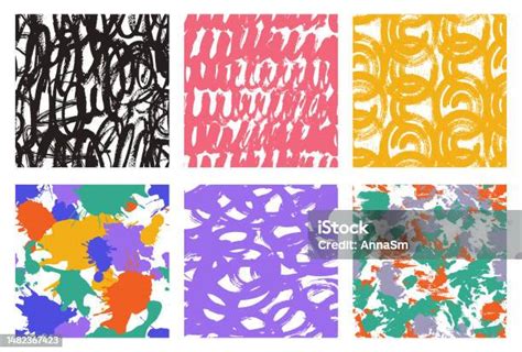 그런 지 원활한 패턴 컬렉션입니다 추상적인 질감의 배경 손으로 그린 요소 브러시 스트로크 점 반점 스크래치 줄무늬 잉크 튀김 스케치 효과 벡터 그림 세트입니다 가리키기에