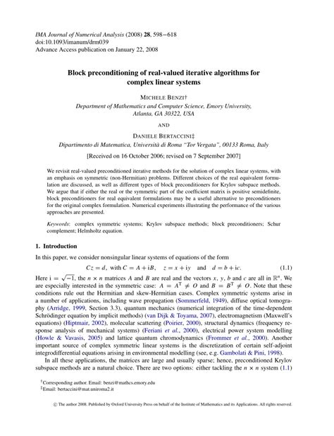 PDF Block Preconditioning Of Real Valued Iterative Algorithms For Complex Linear Systems
