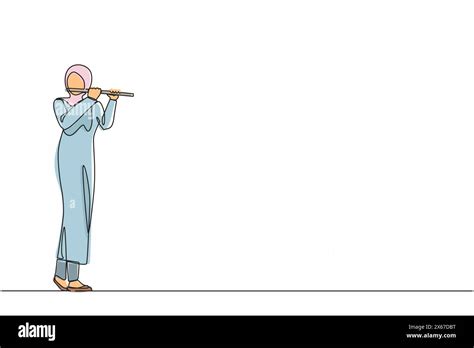 Continuous One Line Drawing Arabian Female Musician Playing Flute Flutist Performing Classical