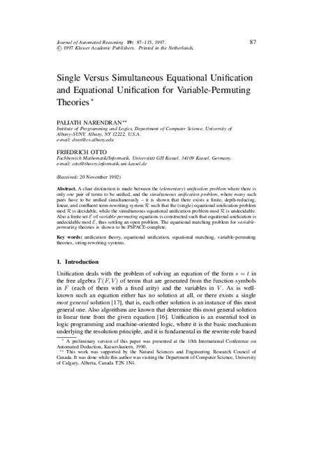 Pdf Single Versus Simultaneous Equational Unification And Equational Unification For Variable