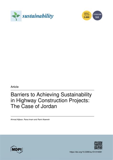 Pdf Barriers To Achieving Sustainability In Highway Construction Projects The Case Of Jordan
