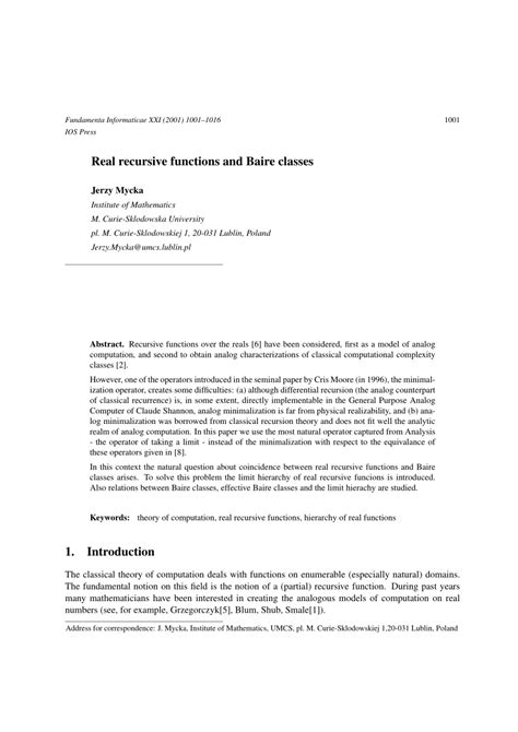Pdf Real Recursive Functions And Baire Classes