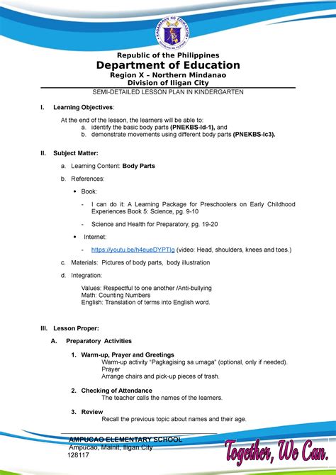 Body Parts Semi Detailed Lesson Plan Republic Of The Philippines