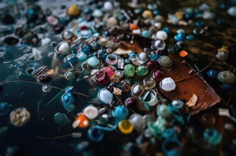 Premium Ai Image Macro Shot Of Microplastic Debris Floating In A Lake Created With Generative Ai