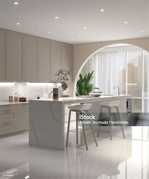 베이지 색 내장 캐비닛 아치 창문에서 햇빛에 찬장이 비치있는 현대적이고 고급스러운 주방 아일랜드 인테리어 디자인 장식 제품 배경 3d를위한 도시 경관보기 제품 배경 3d