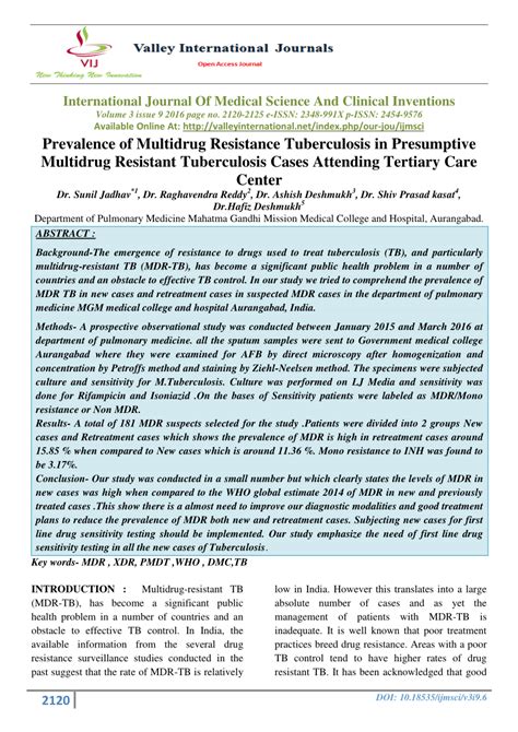 Pdf Prevalence Of Multidrug Resistance Tuberculosis In Presumptive Multidrug Resistant