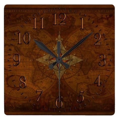 Antique Steampunk Compass Rose And Old World Map Square Wall Clock