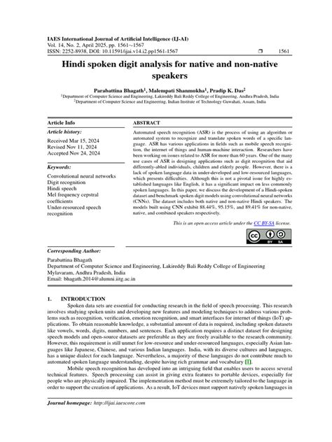 Hindi Spoken Digit Analysis For Native And Non Native Speakers Pdf Speech Recognition