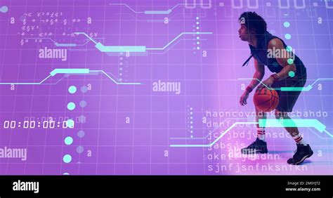 Biracial Basketball Player Dribbling Ball Over Illuminated Grid Pattern