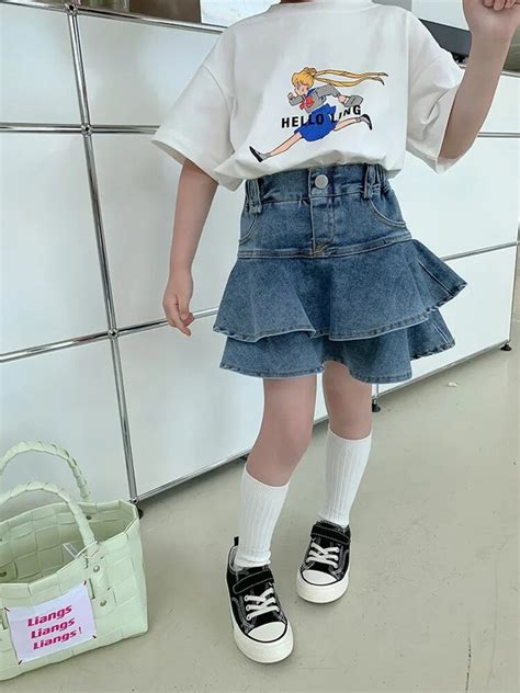 Badu Bg Корейска версия за момичета Cool Spicy Girls Високоеластична дънкова плисирана къса пола