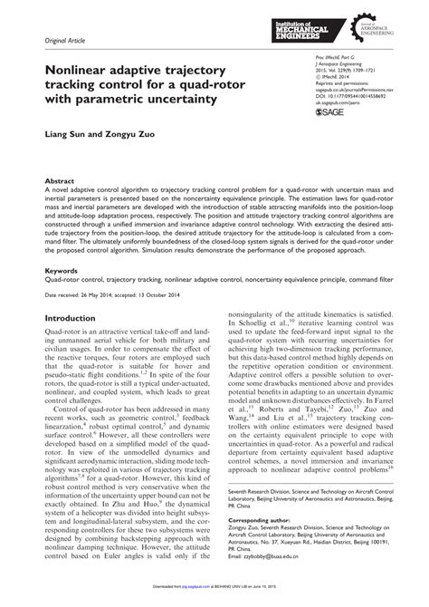 PDF Nonlinear Adaptive Trajectory Tracking Control For A Quad Rotor With Parametric Uncertainty